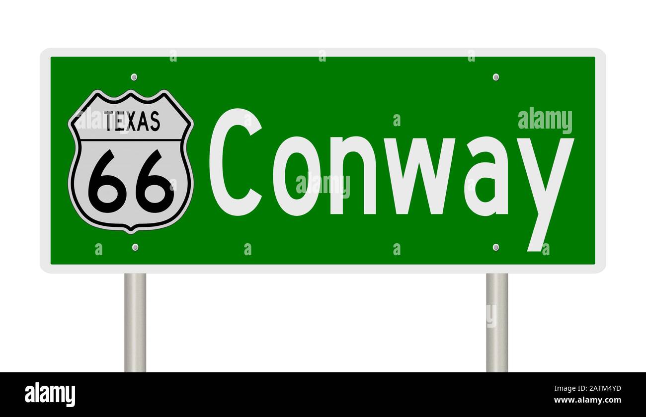 Rendering of a green 3d highway sign for Conway Texas on Route 66 Stock ...