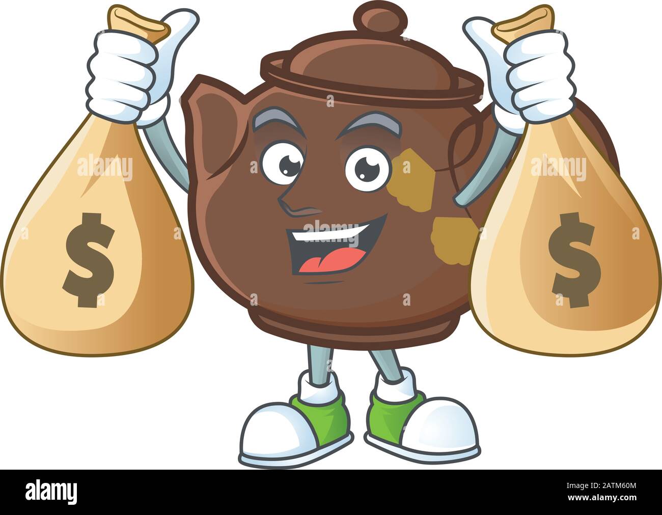 A picture of rich teapot cartoon character with two money bags Stock ...