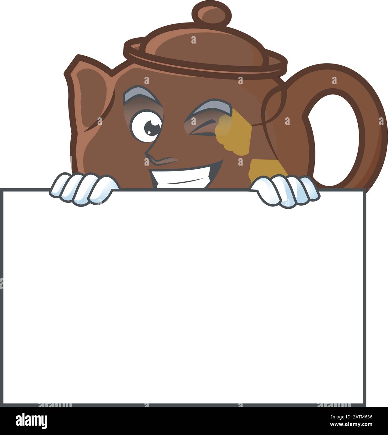 Grinning face teapot cartoon character style hides behind a board Stock ...