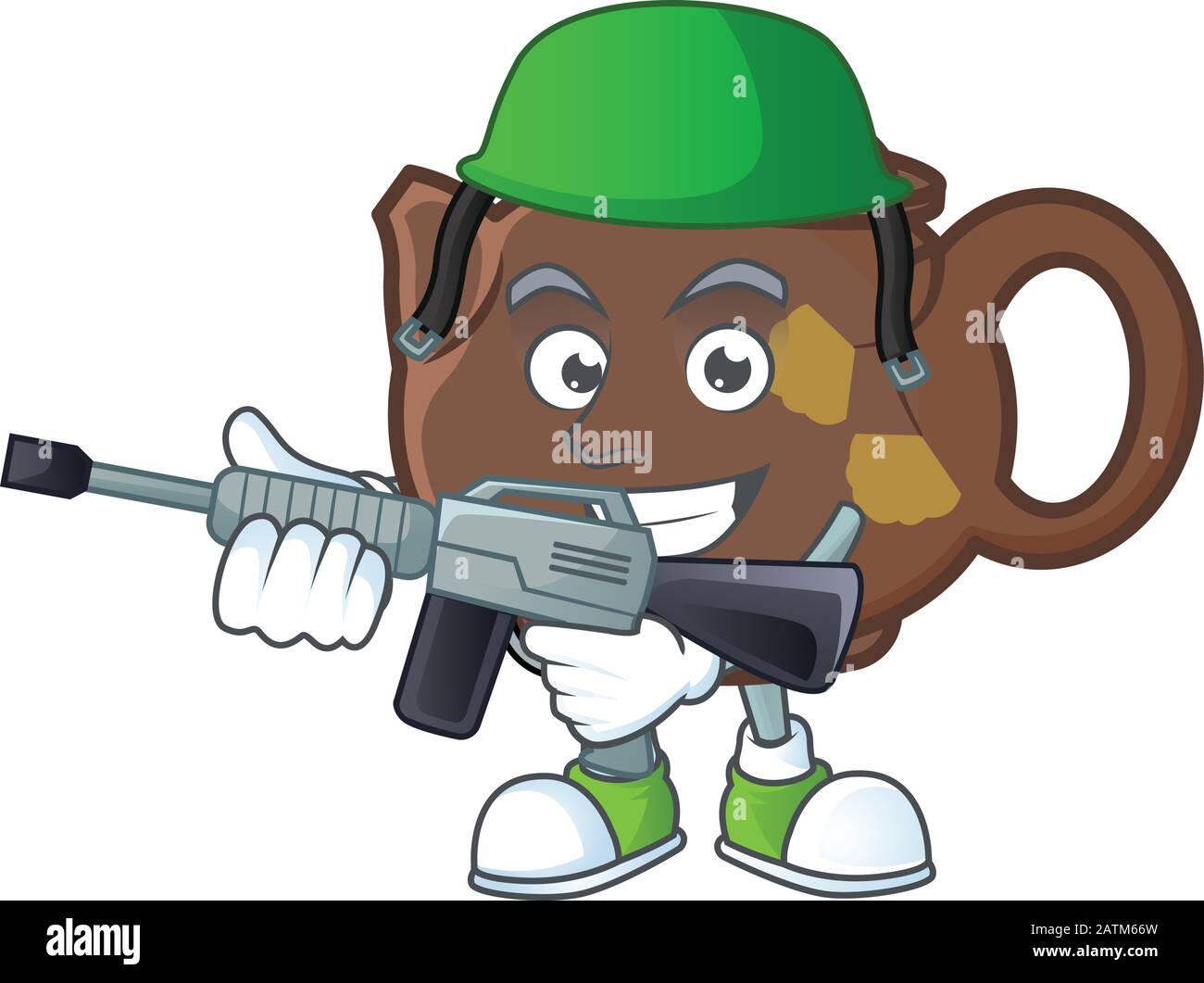 Teapot carton character in an Army uniform with machine gun Stock ...