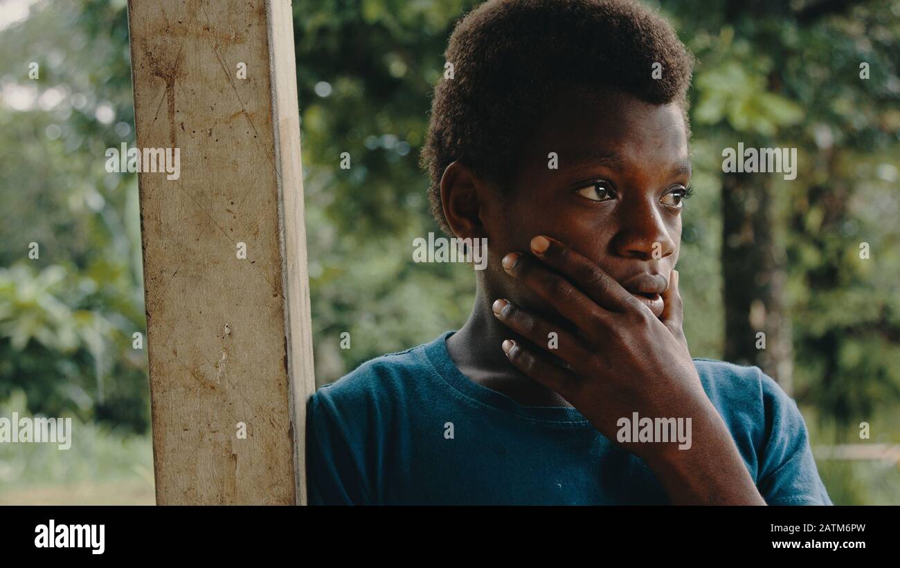 Melsisi, Pentecost Island / Vanuatu - May 10 2019: young melanesian kid ...
