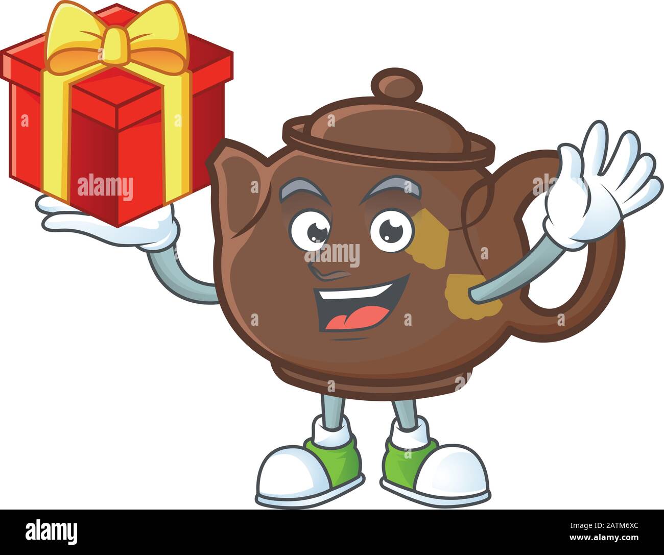 Happy face teapot cartoon character having a box of gift Stock Vector ...