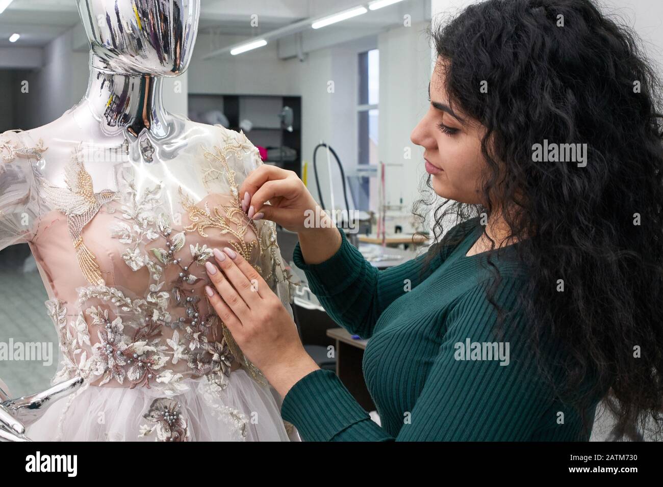 Beautiful white lace and silk wedding dress on a mannequin Stock Photo ...