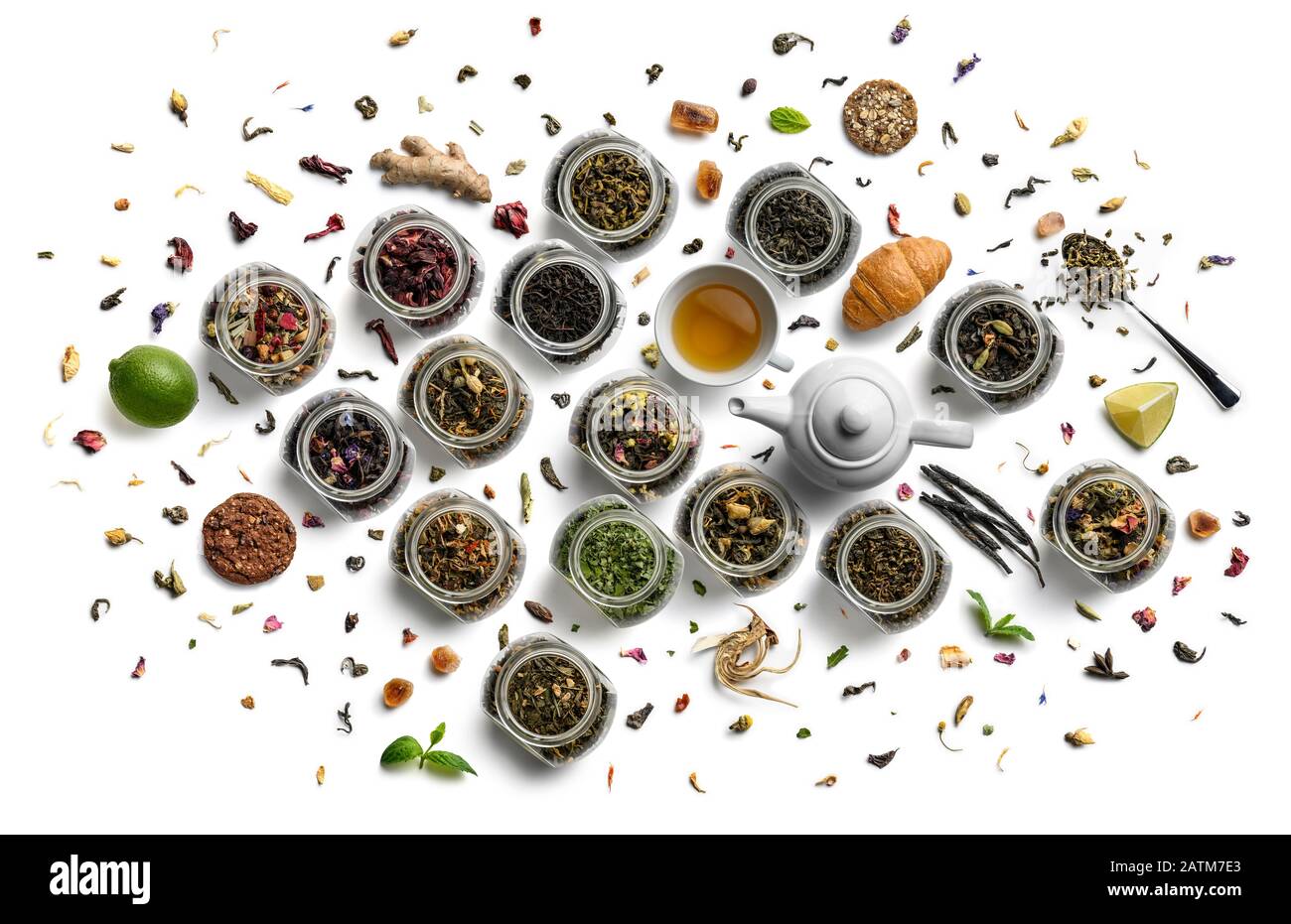 Large assortment of tea on a white background. The view from the top ...