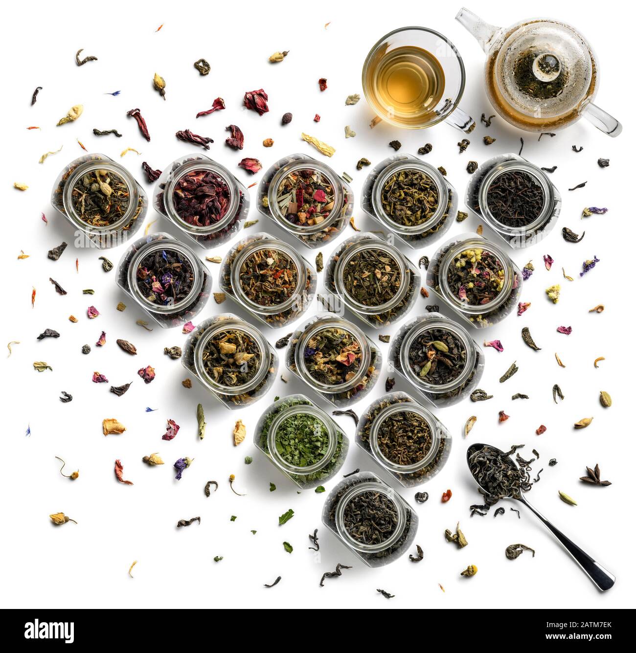 Large assortment of tea on a white background. The view from the top ...