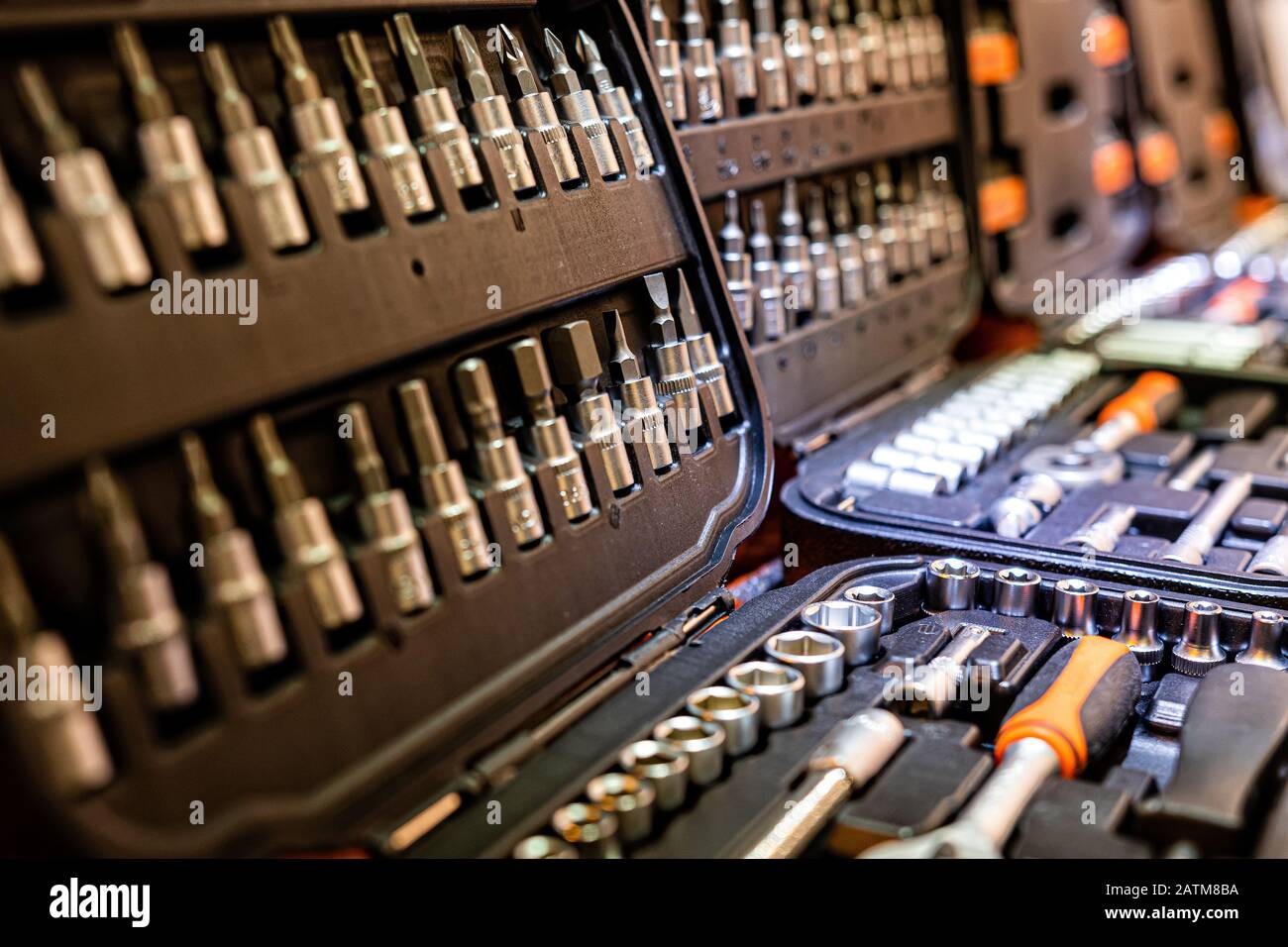 Box with special tools in car repair shop, closeup, selective focus ...