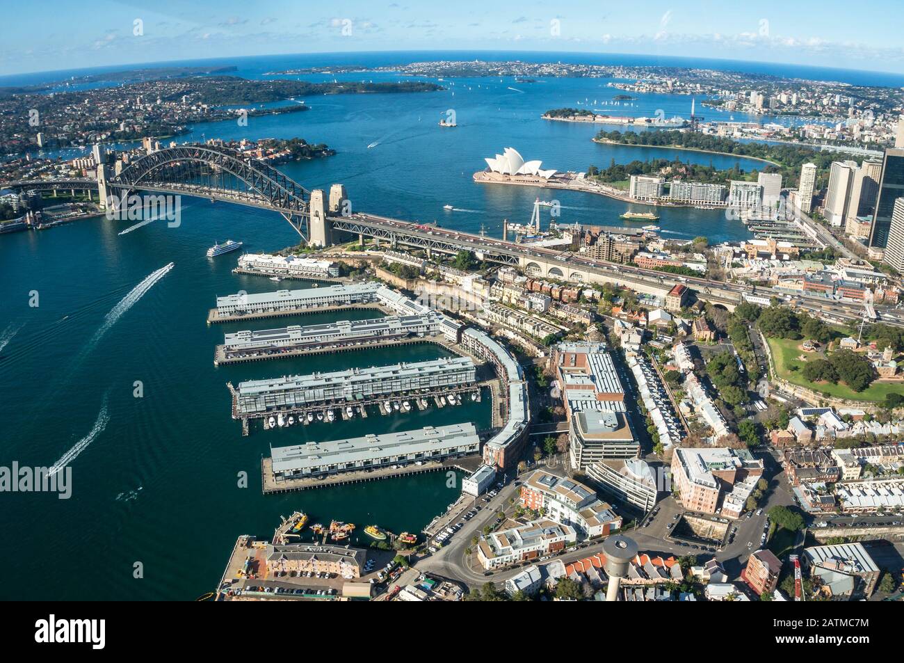 Aerial view of Sydney cityscape with Sydney Harbour and landmarks ...