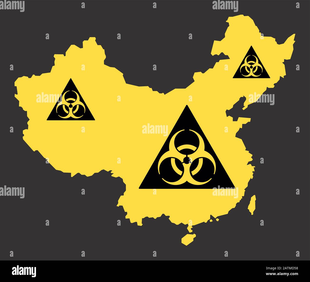 China map with biohazard virus sign illustration in black and yellow ...