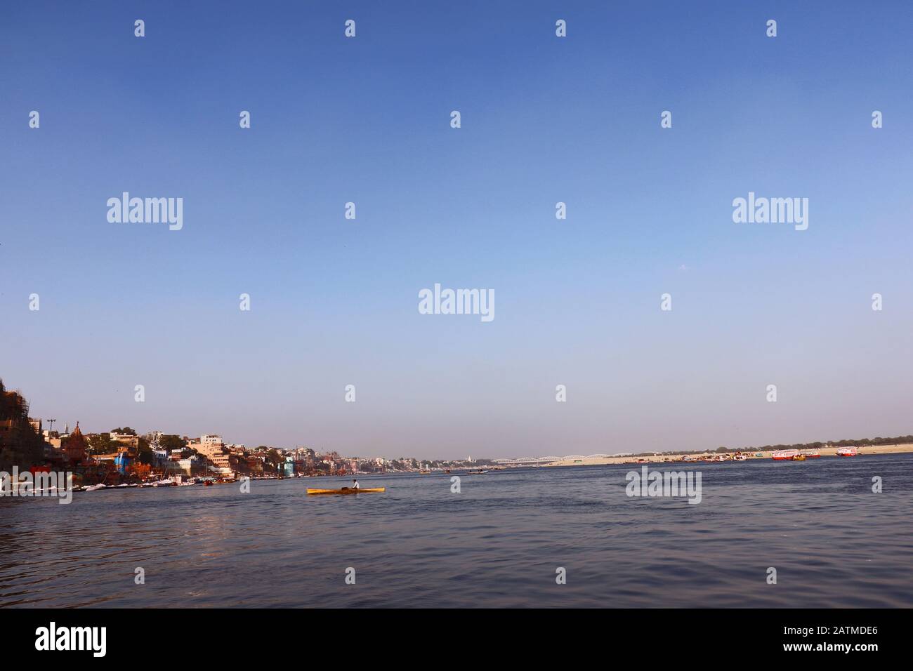 Long view of popular Assi Ghat with several pilgrims, that stands at ...