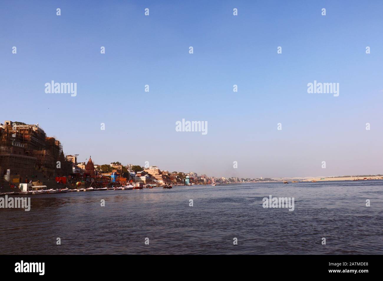 Long view of popular Assi Ghat with several pilgrims, that stands at ...