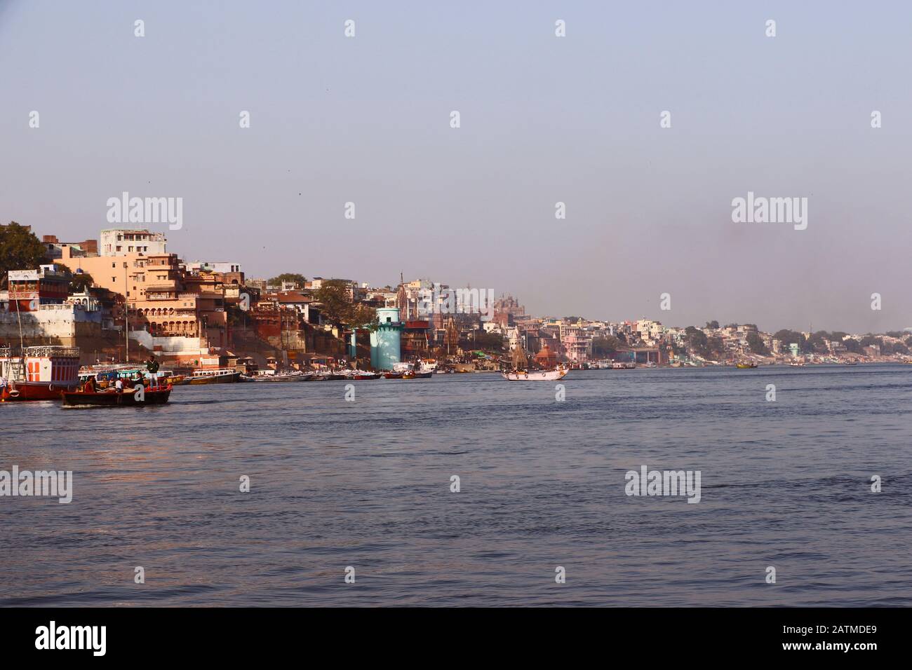 Long view of popular Assi Ghat with several pilgrims, that stands at ...