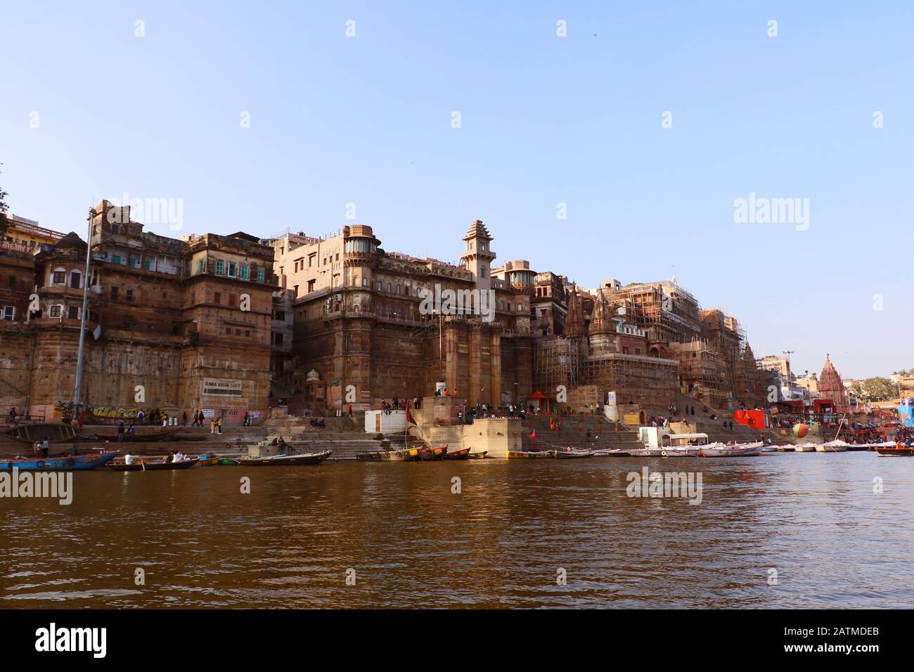 Long view of popular Assi Ghat with several pilgrims, that stands at ...