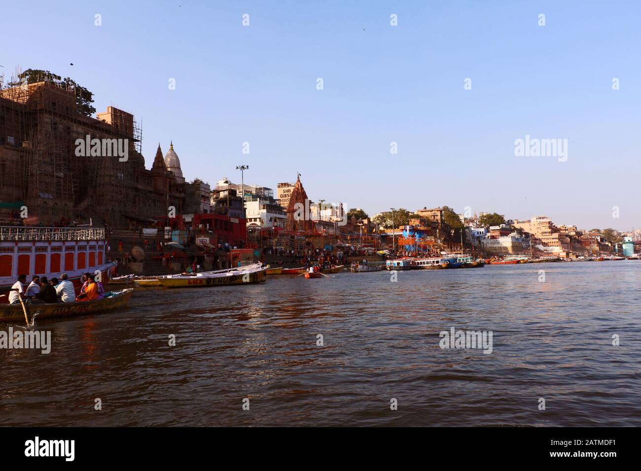Long view of popular Assi Ghat with several pilgrims, that stands at ...