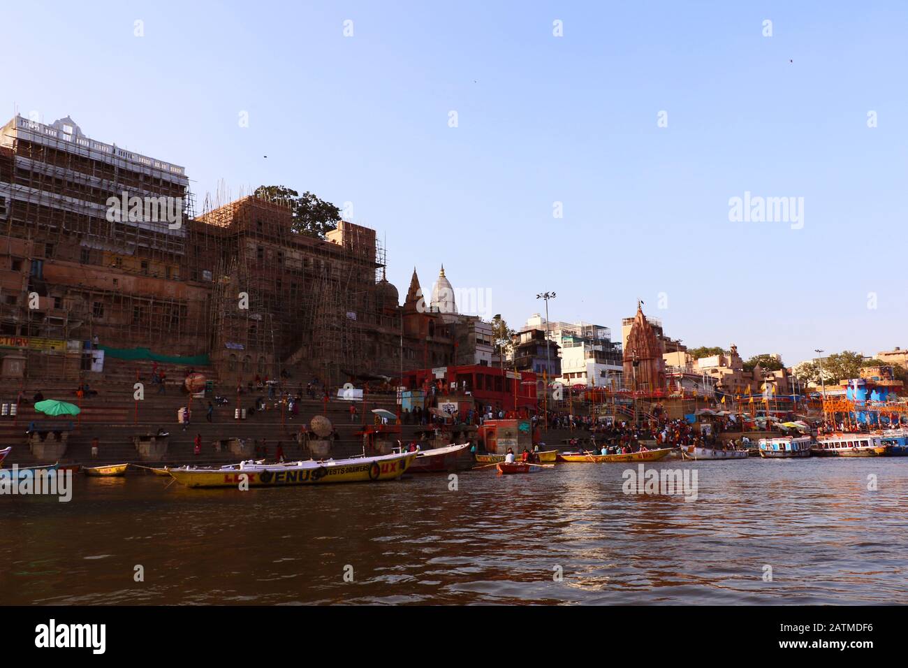 Long view of popular Assi Ghat with several pilgrims, that stands at ...