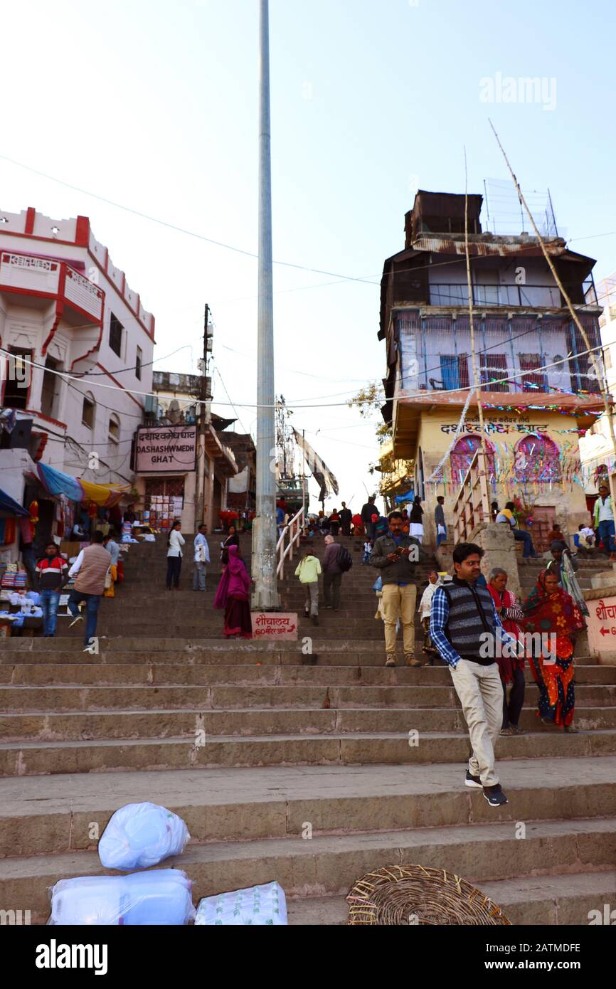 Long view of popular Assi Ghat with several pilgrims, that stands at ...