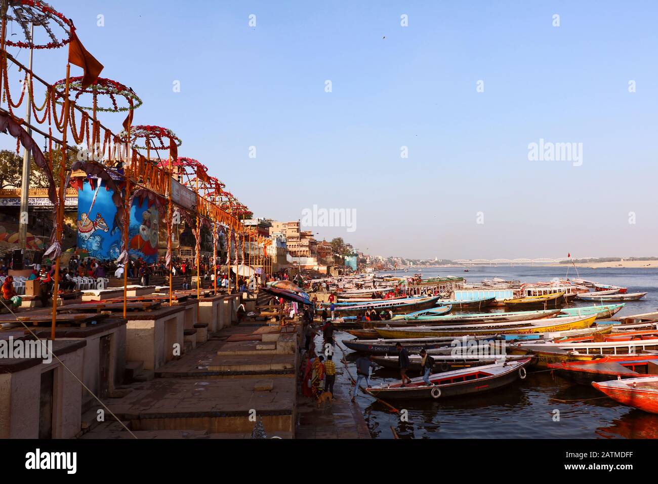 Long view of popular Assi Ghat with several pilgrims, that stands at ...