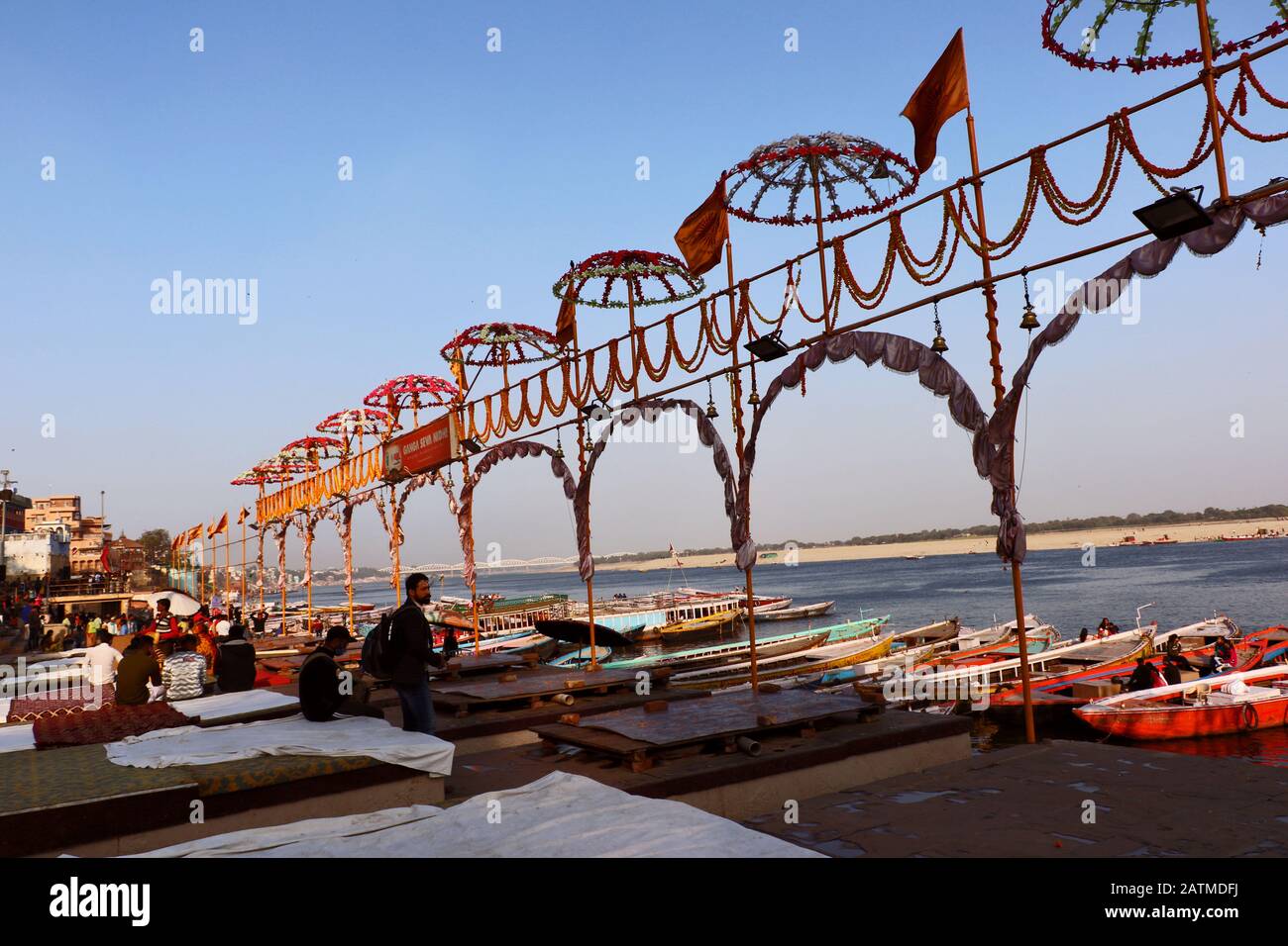 Long view of popular Assi Ghat with several pilgrims, that stands at ...