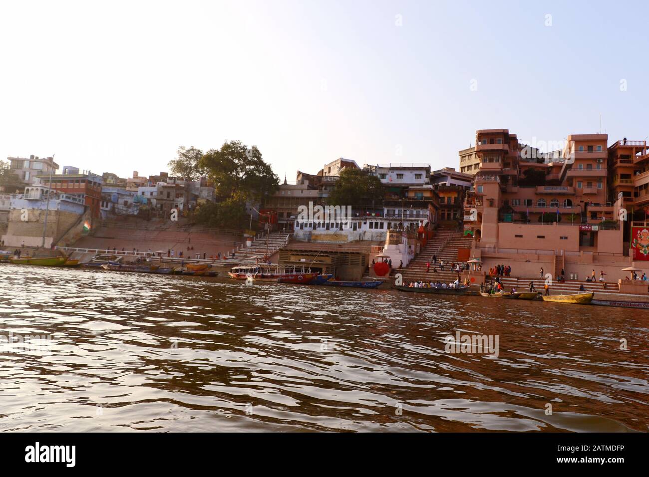 Long view of popular Assi Ghat with several pilgrims, that stands at ...