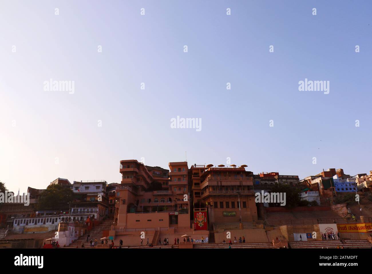 Long view of popular Assi Ghat with several pilgrims, that stands at ...
