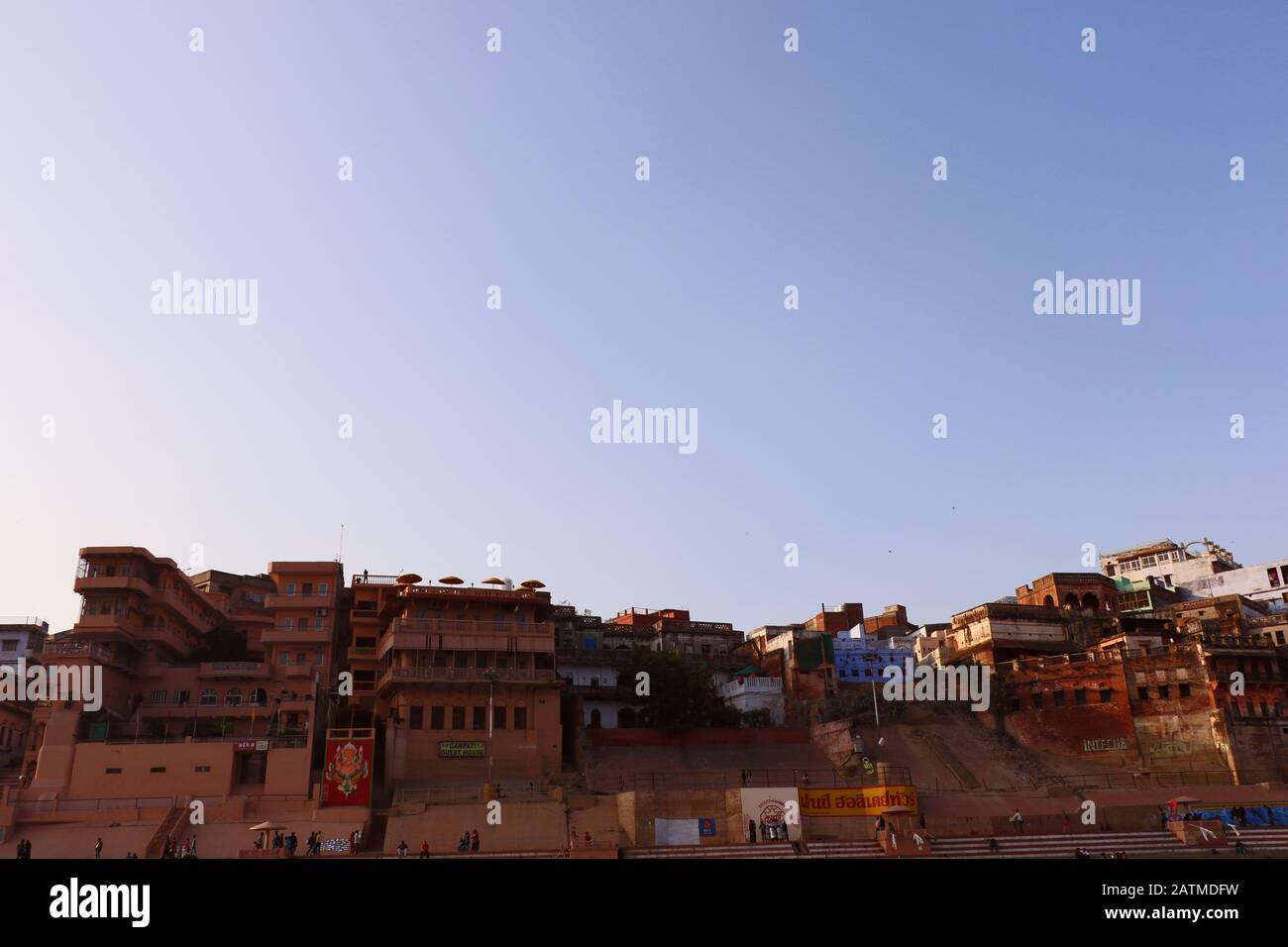 Long view of popular Assi Ghat with several pilgrims, that stands at ...