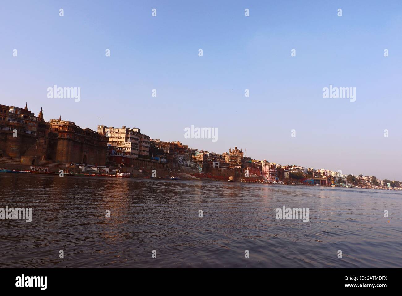 Long view of popular Assi Ghat with several pilgrims, that stands at ...