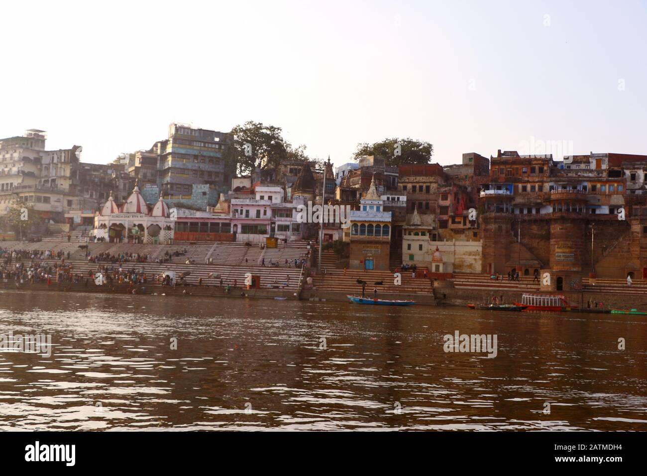 Long view of popular Assi Ghat with several pilgrims, that stands at ...