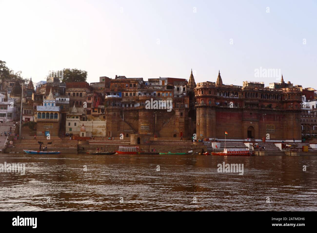 Long view of popular Assi Ghat with several pilgrims, that stands at ...