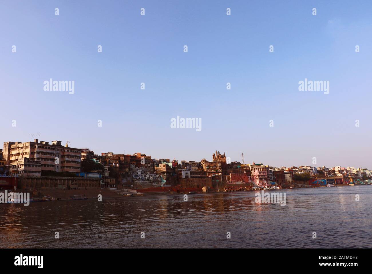 Long view of popular Assi Ghat with several pilgrims, that stands at ...