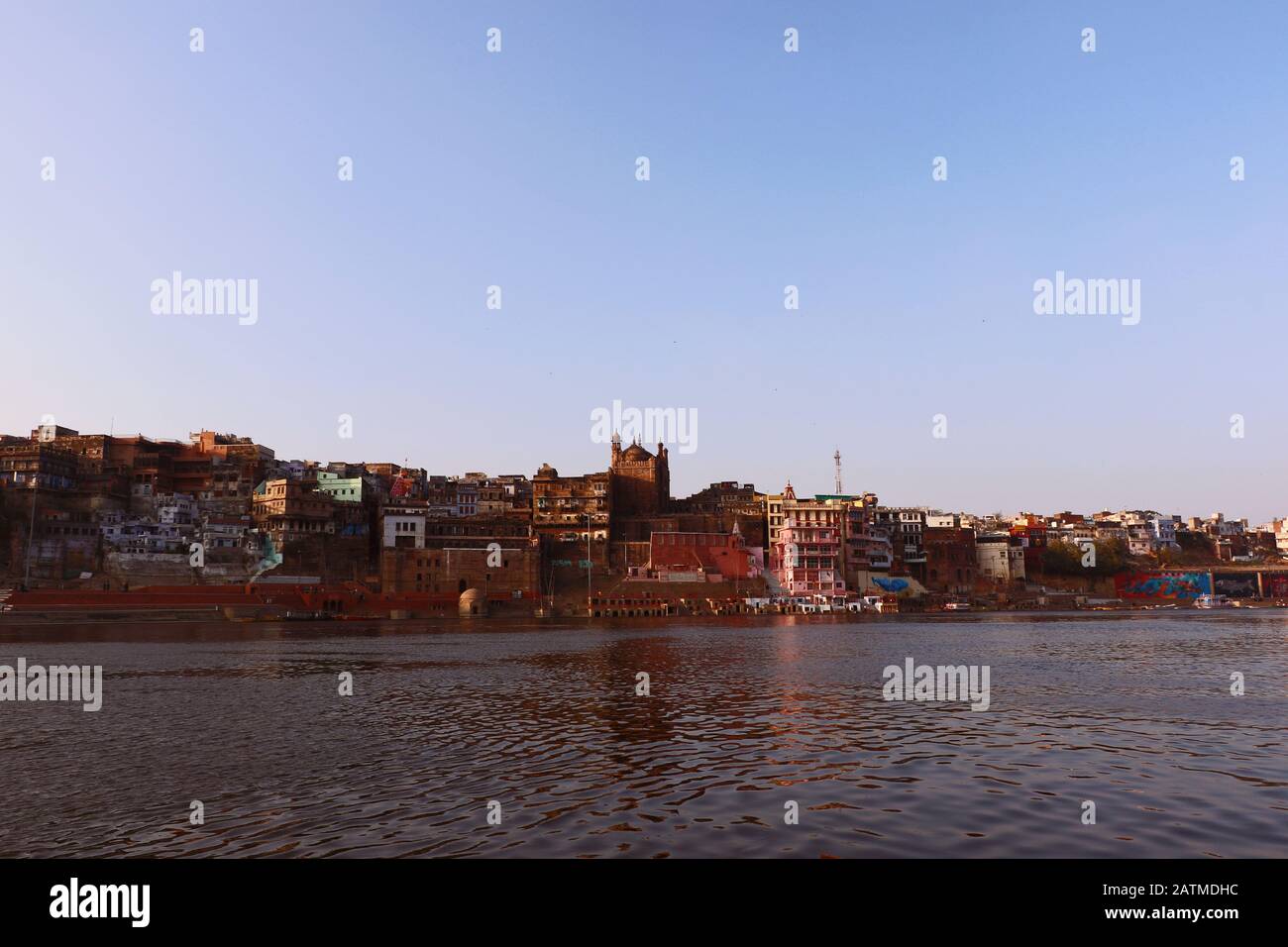Long view of popular Assi Ghat with several pilgrims, that stands at ...