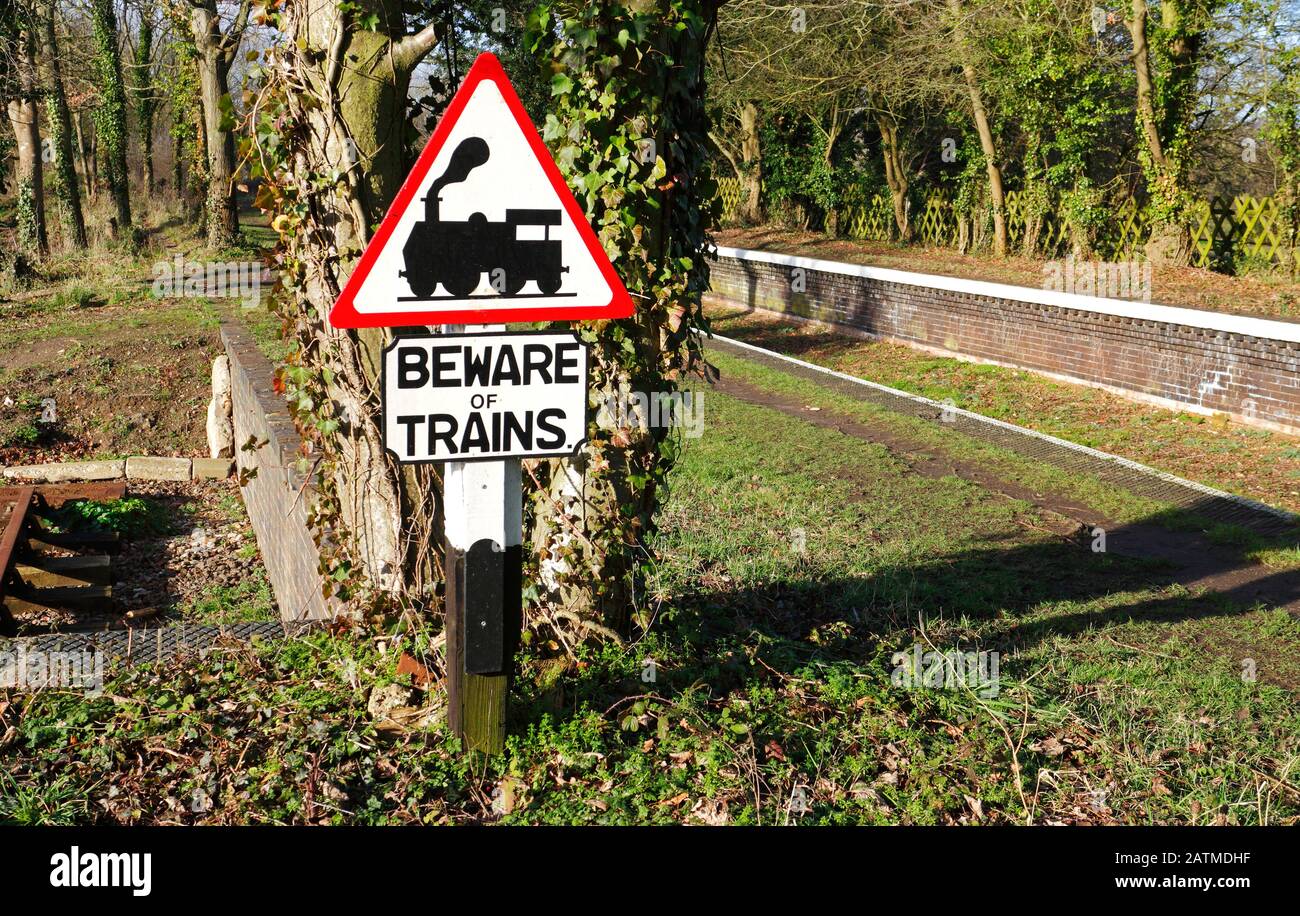 A Beware of Trains sign at the former Midland and Great Northern Joint ...