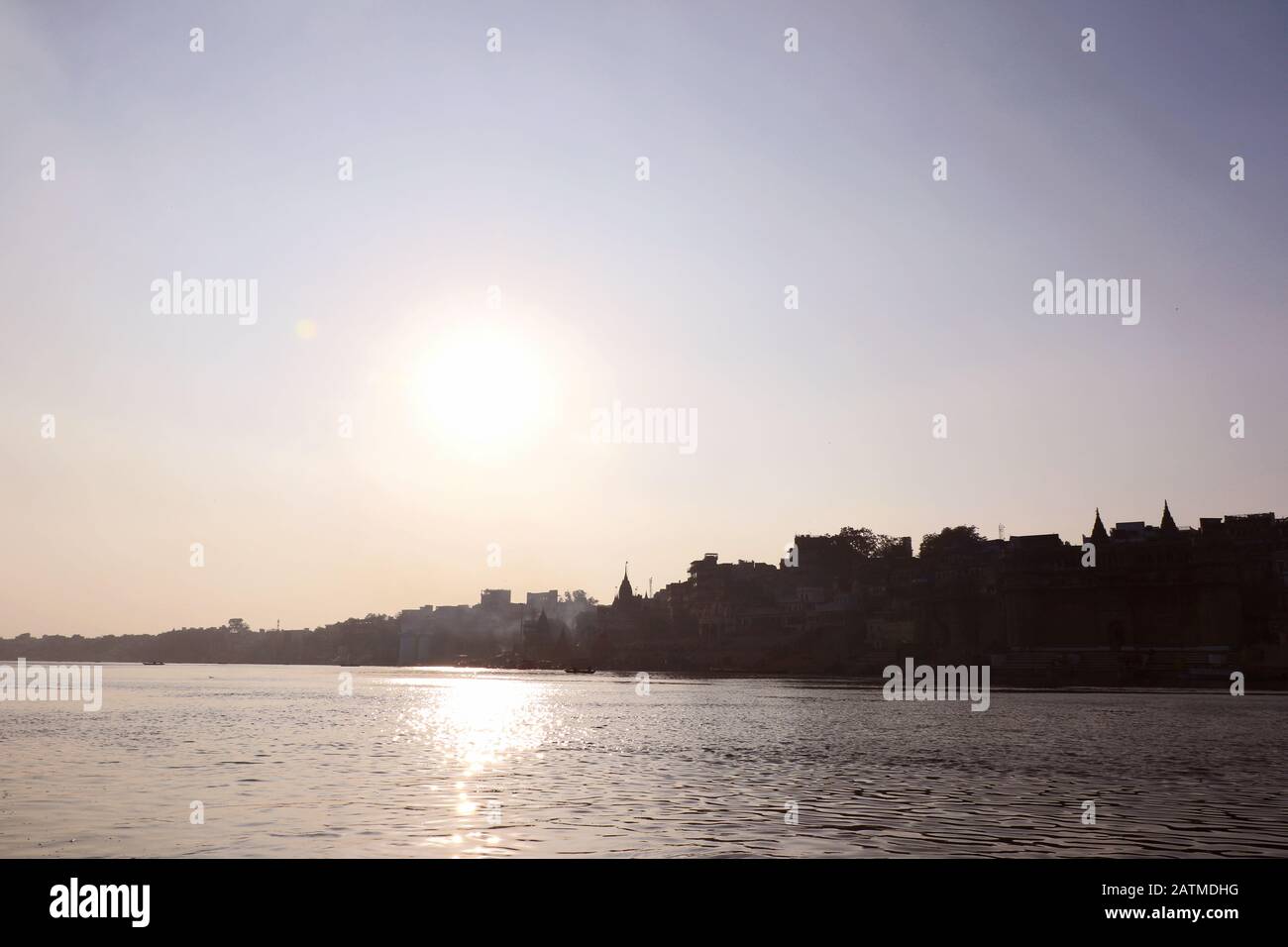 Long view of popular Assi Ghat with several pilgrims, that stands at ...