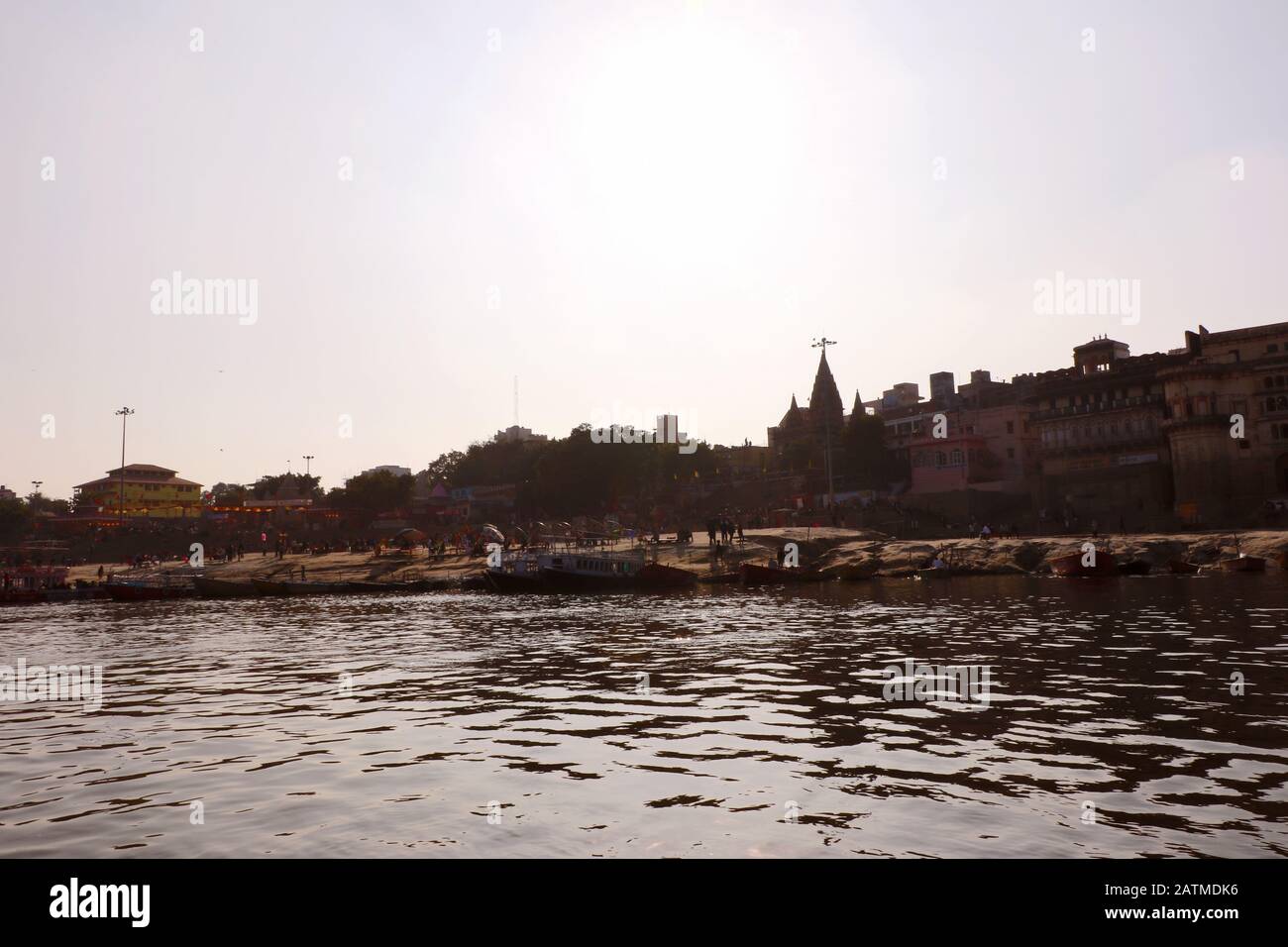 Long view of popular Assi Ghat with several pilgrims, that stands at ...