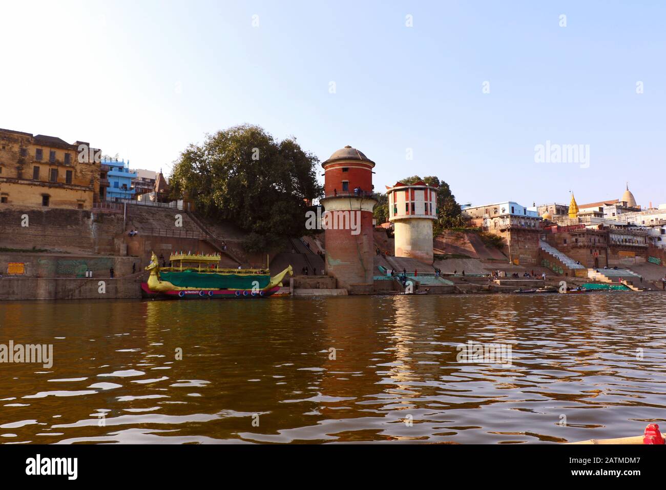 Long view of popular Assi Ghat with several pilgrims, that stands at ...
