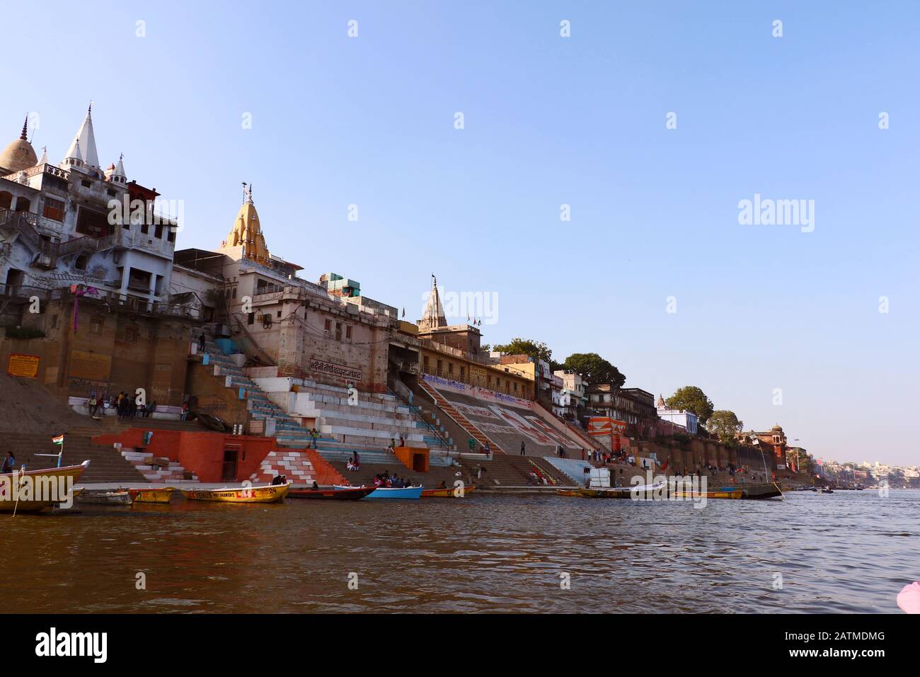 Long view of popular Assi Ghat with several pilgrims, that stands at ...