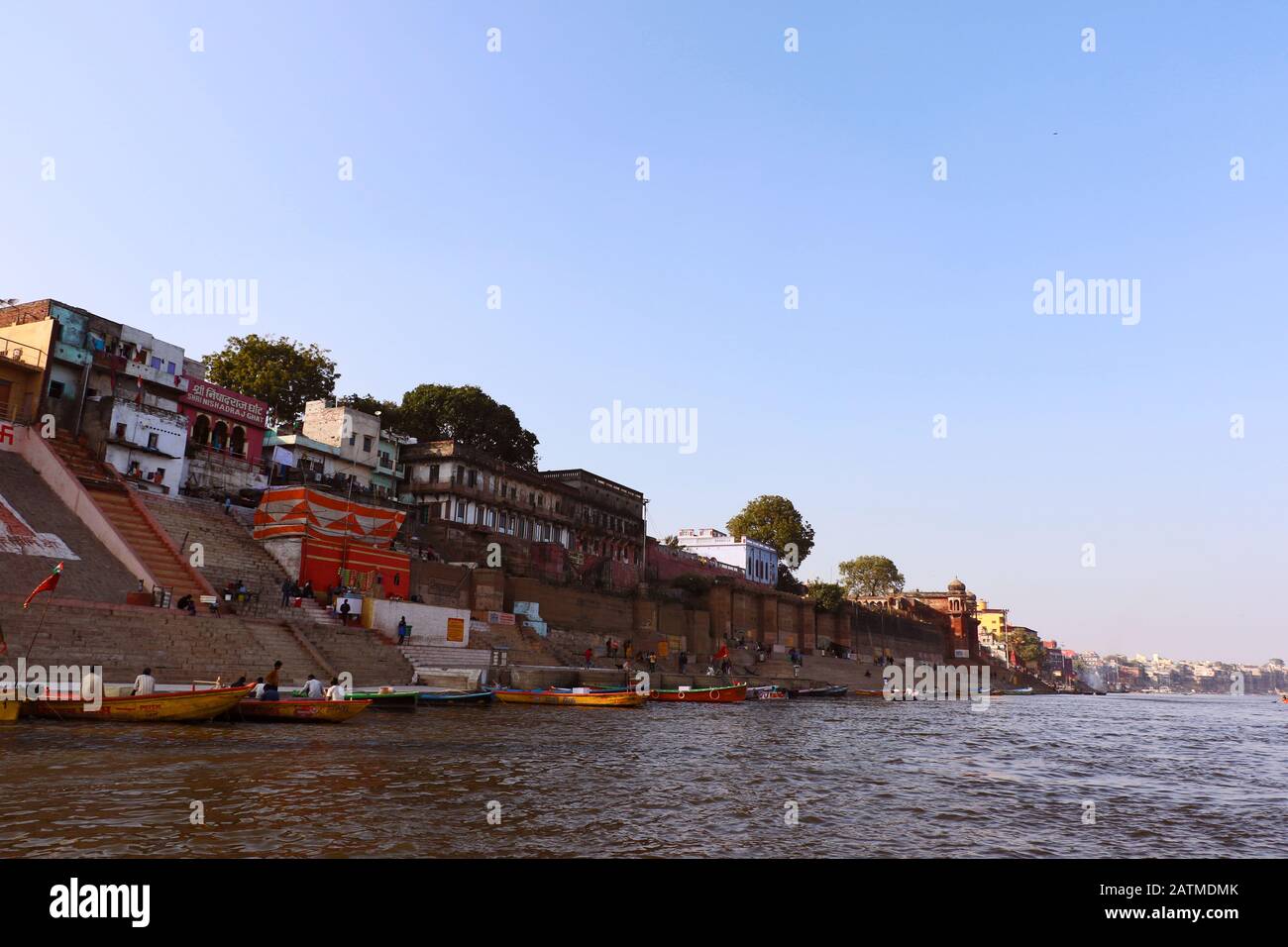 Long view of popular Assi Ghat with several pilgrims, that stands at ...