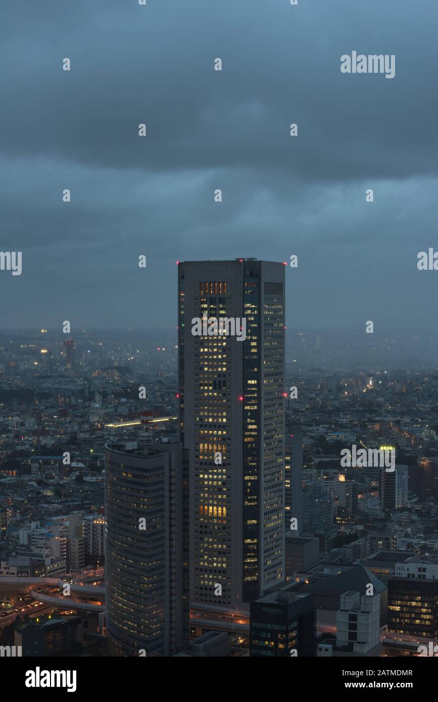Aerial view of high skyscraper and Tokyo cityscape at dusk. Birds eye ...