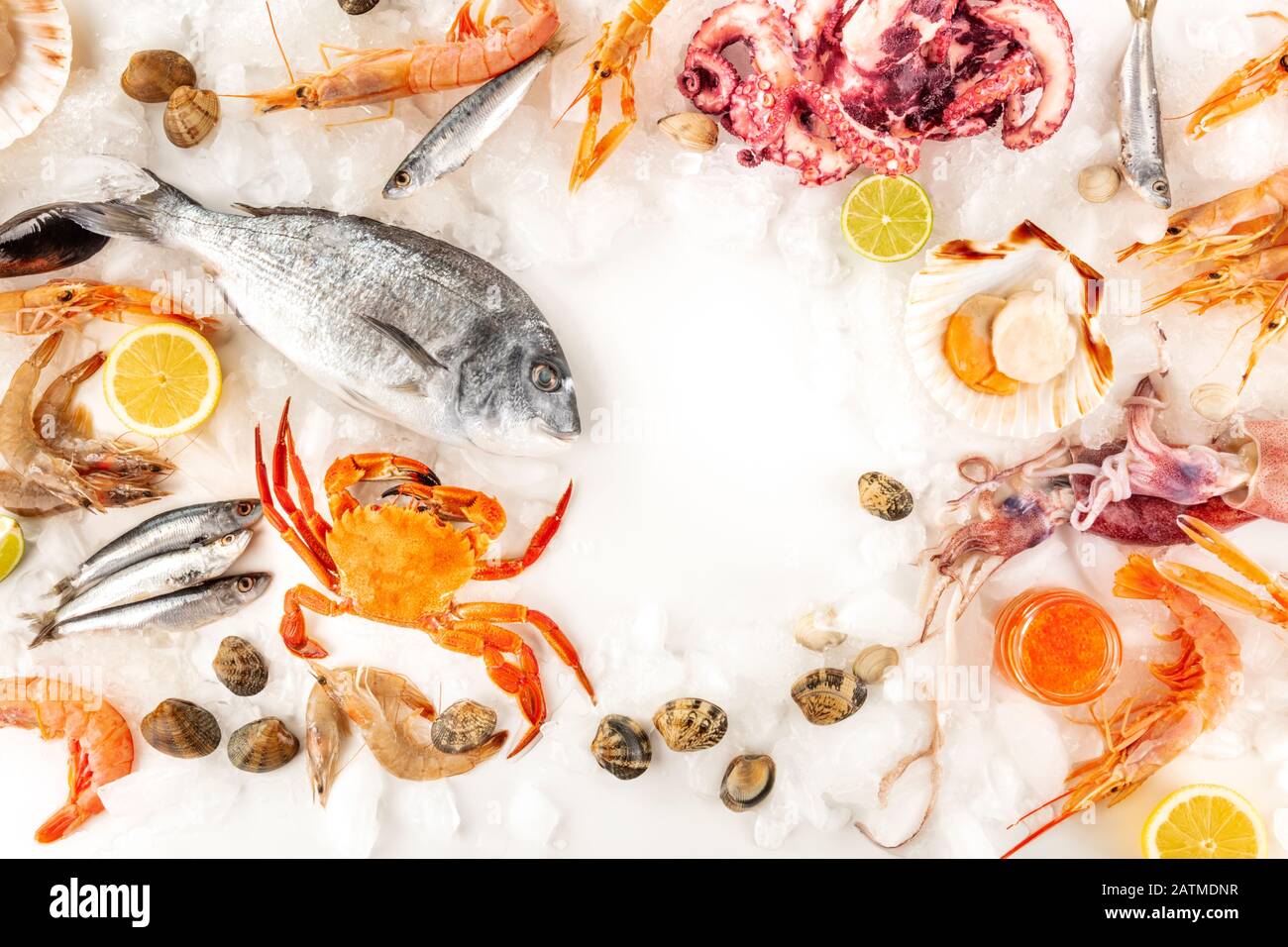 Fish and seafood variety, shot from above on a white background, a ...