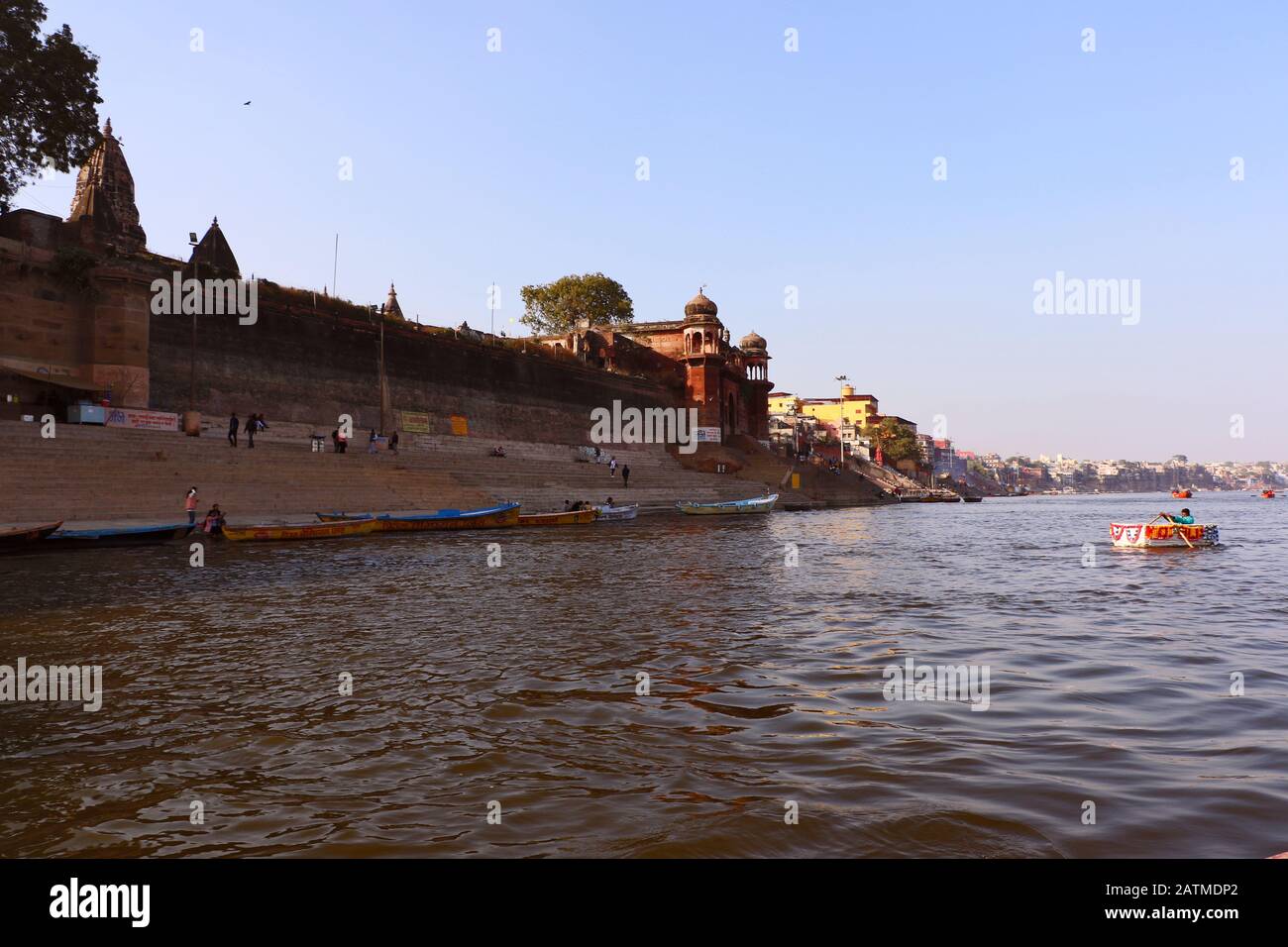 Long view of popular Assi Ghat with several pilgrims, that stands at ...