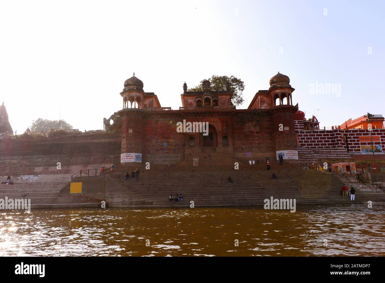 Long view of popular Assi Ghat with several pilgrims, that stands at ...