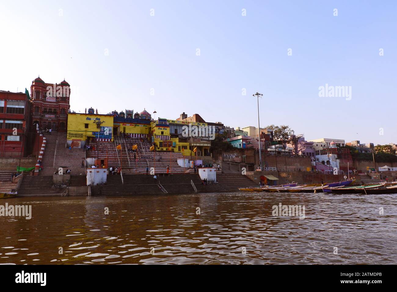 Long view of popular Assi Ghat with several pilgrims, that stands at ...