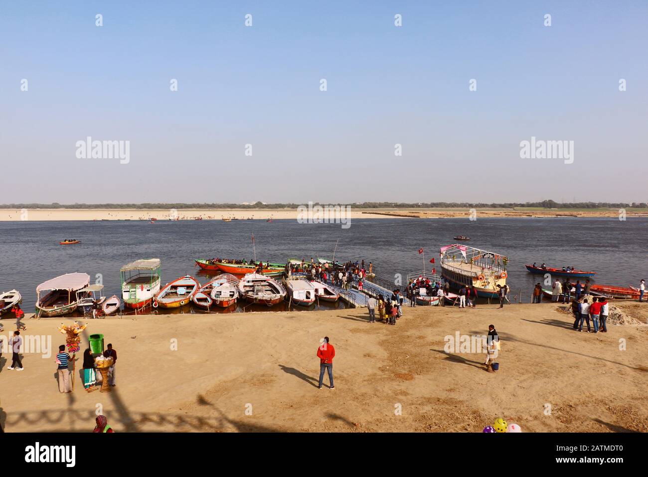 Long view of popular Assi Ghat with several pilgrims, that stands at ...