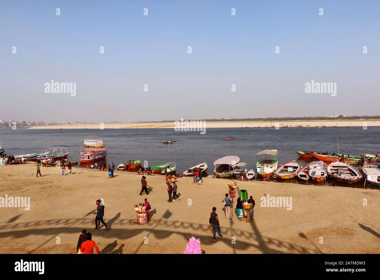 Long view of popular Assi Ghat with several pilgrims, that stands at ...