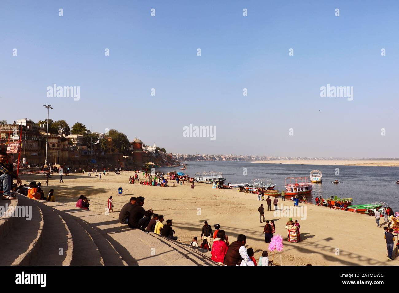 Long view of popular Assi Ghat with several pilgrims, that stands at ...