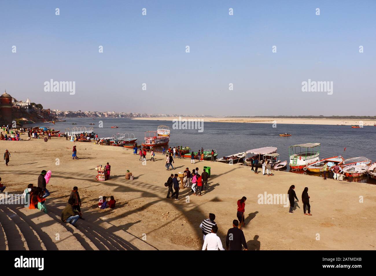 Long view of popular Assi Ghat with several pilgrims, that stands at ...