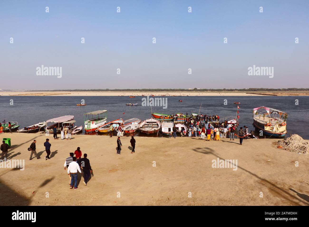 Long view of popular Assi Ghat with several pilgrims, that stands at ...