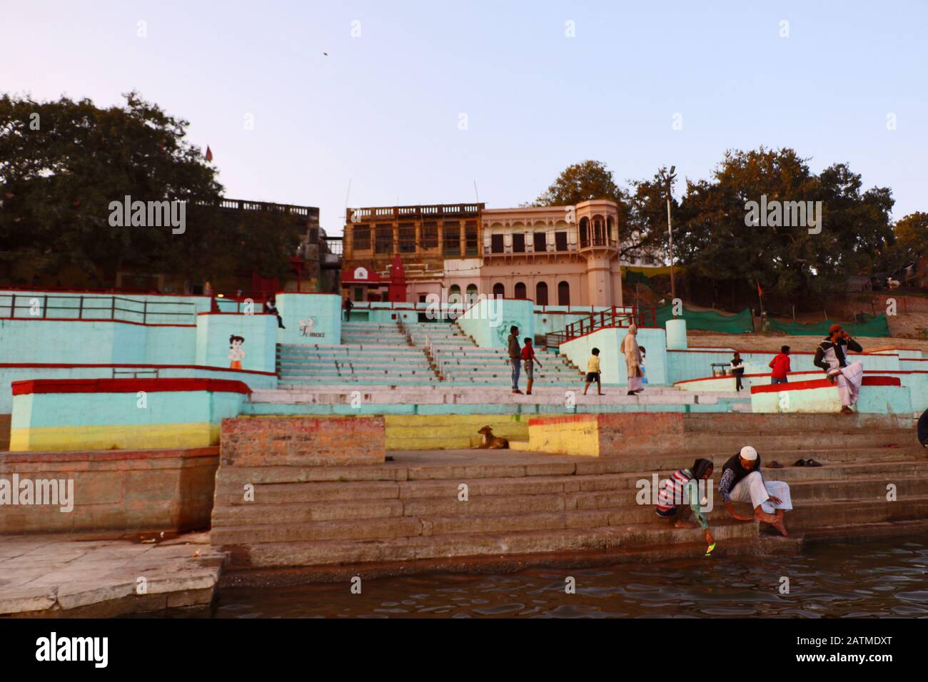 Long view of popular Assi Ghat with several pilgrims, that stands at ...