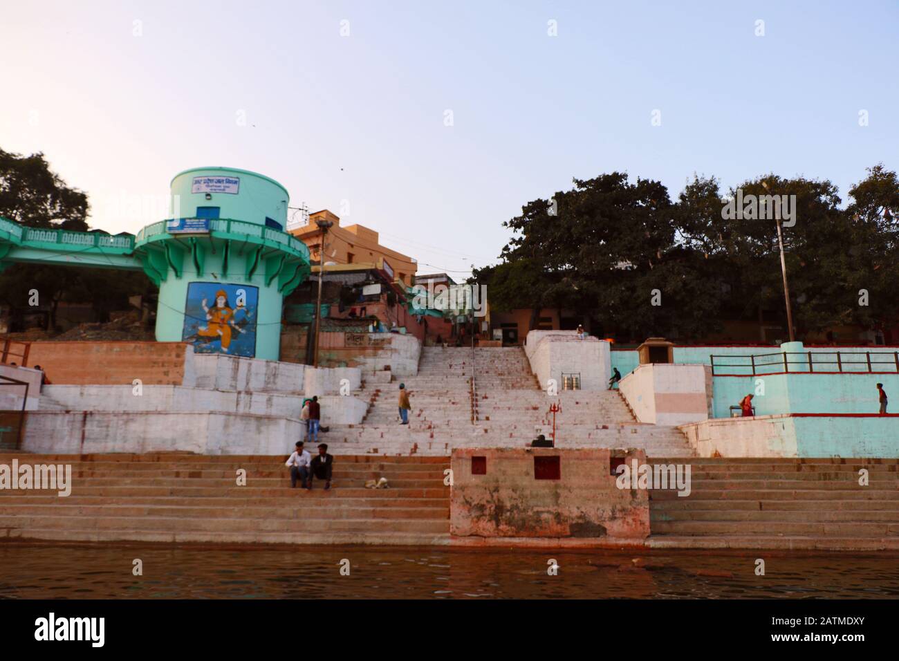 Long view of popular Assi Ghat with several pilgrims, that stands at ...