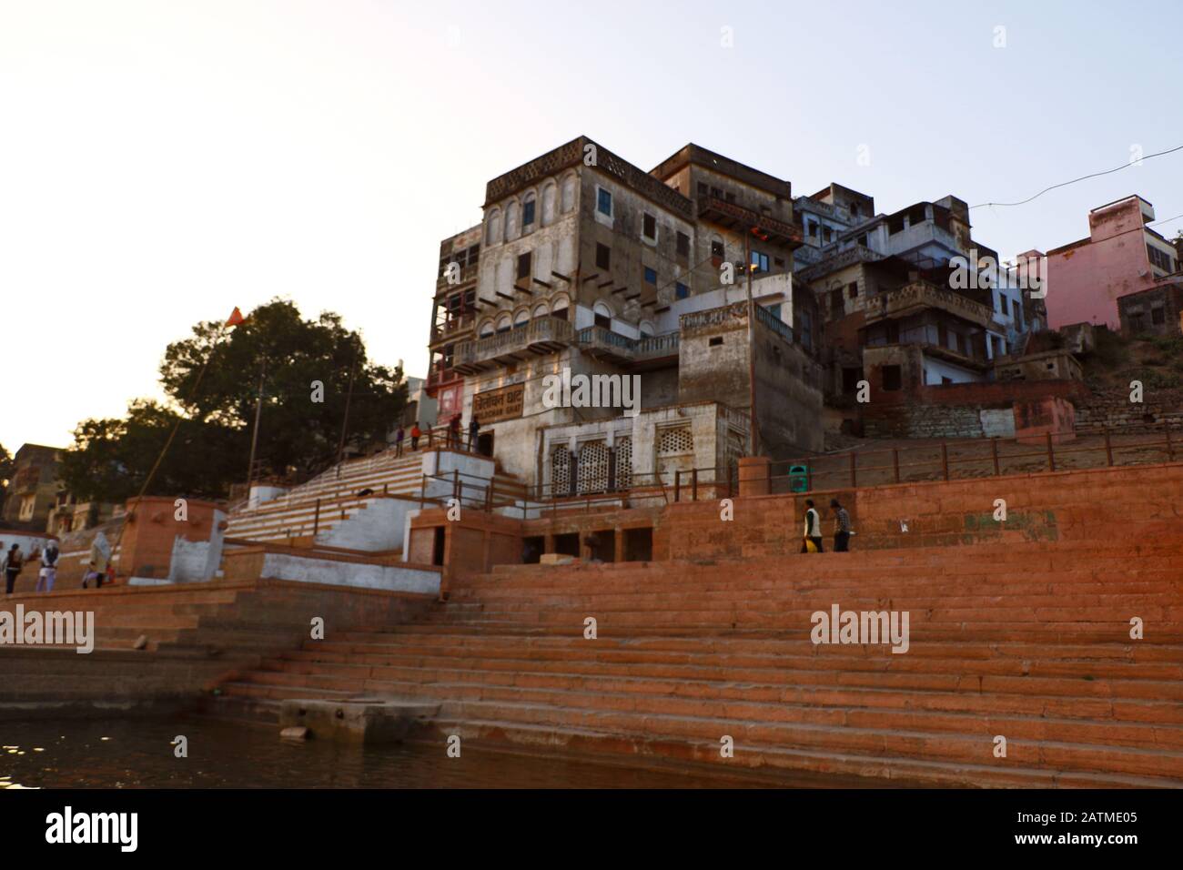 Long view of popular Assi Ghat with several pilgrims, that stands at ...