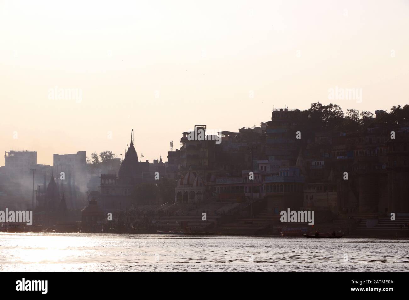 Long view of popular Assi Ghat with several pilgrims, that stands at ...