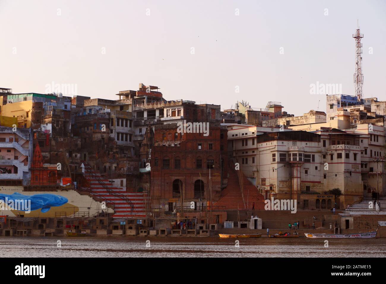 Long view of popular Assi Ghat with several pilgrims, that stands at ...